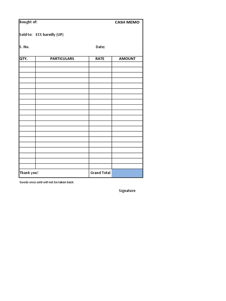 Cash Memo for ECS Bareilly Purchase | PDF