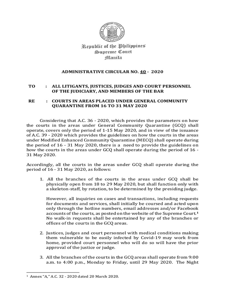 Administrative Circular No. 40 - 2020: Annex "A," A.C. 32 - 2020 Dated ...