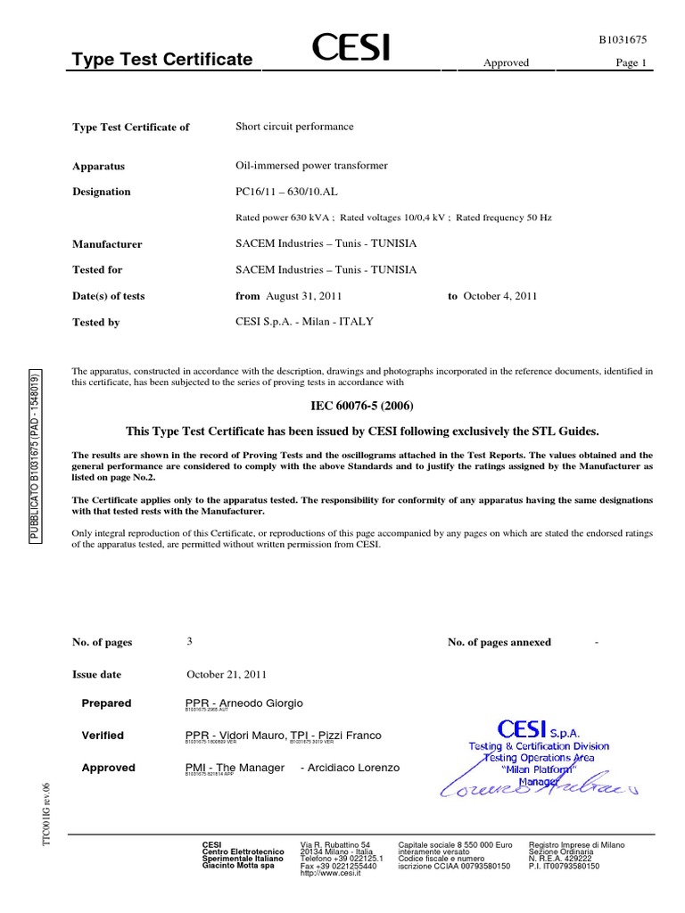 Type Test Certificate of | PDF | Transformer | Quantity