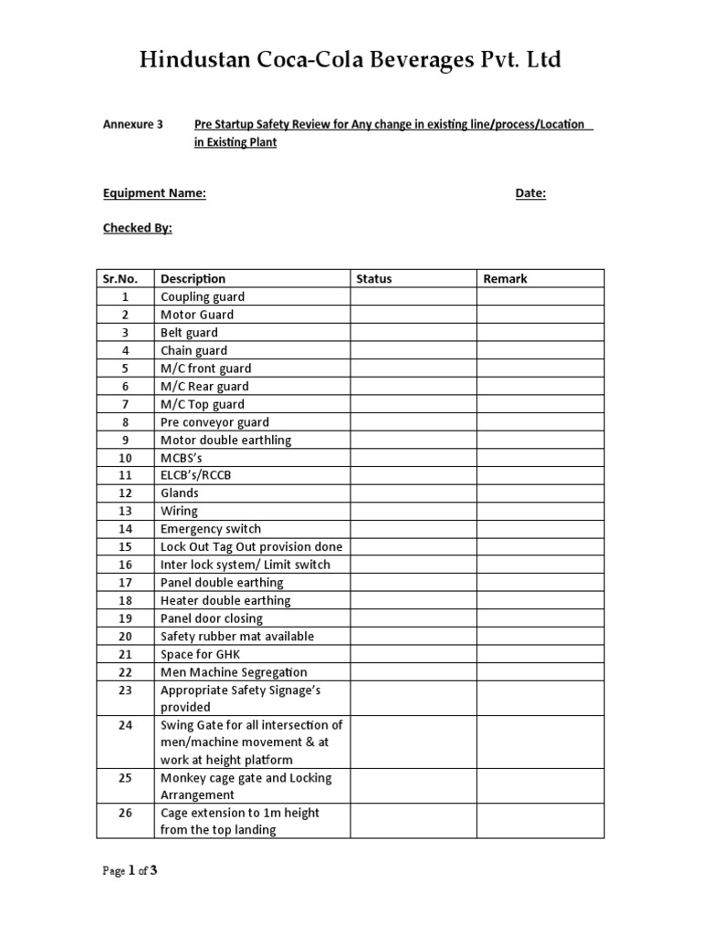 Pre-Startup Safety Review Checklist for Changes to Existing Lines ...