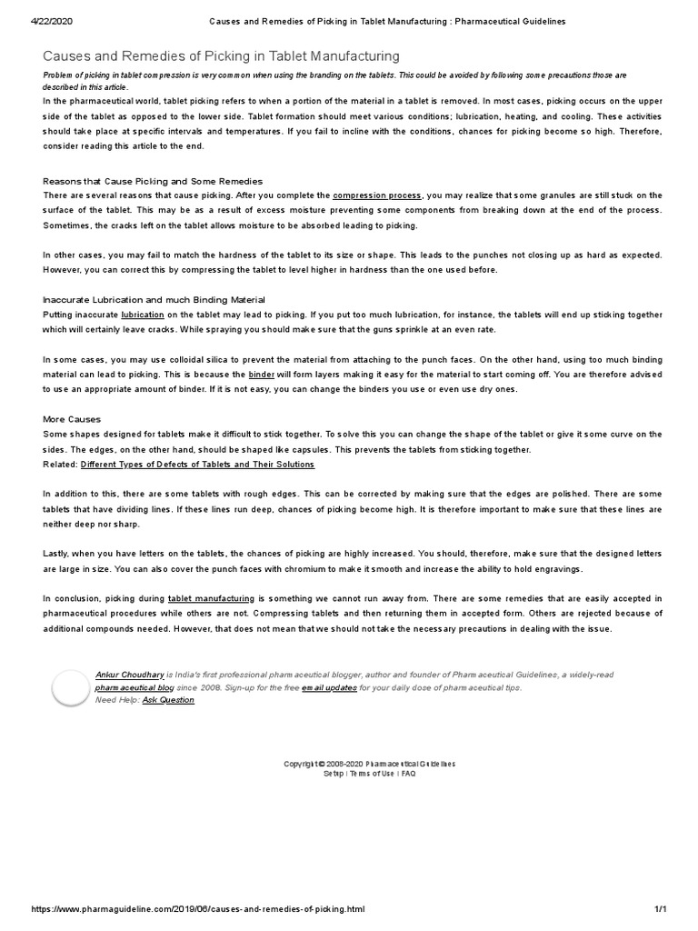 Causes and Remedies of Picking in Tablet Manufacturing - Pharmaceutical ...