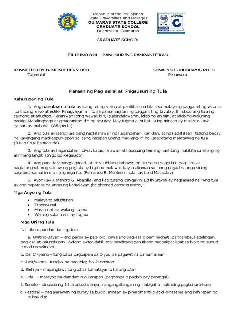 Pagsusuri NG Tula Masters Handouts | PDF