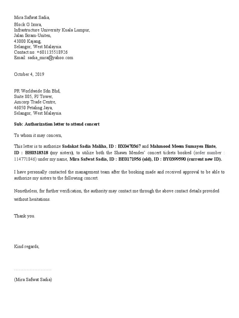 Sub: Authorization Letter To Attend Concert: Order Number: 114771846) | PDF