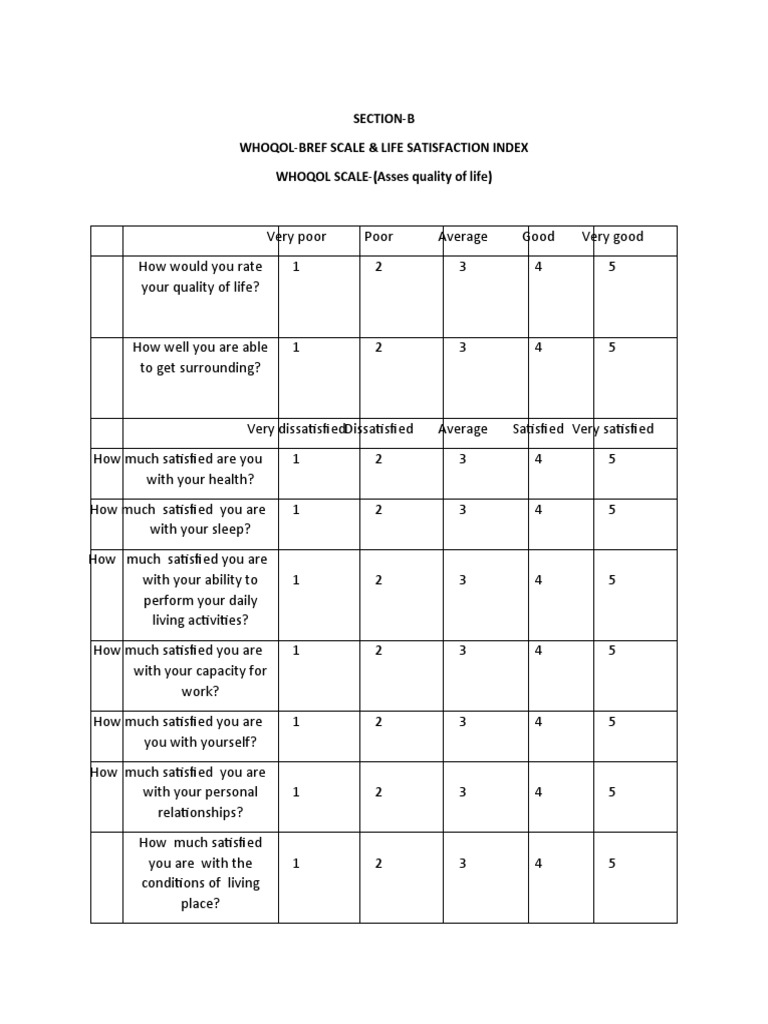 Section-B Whoqol-Bref Scale & Life Satisfaction Index WHOQOL SCALE ...