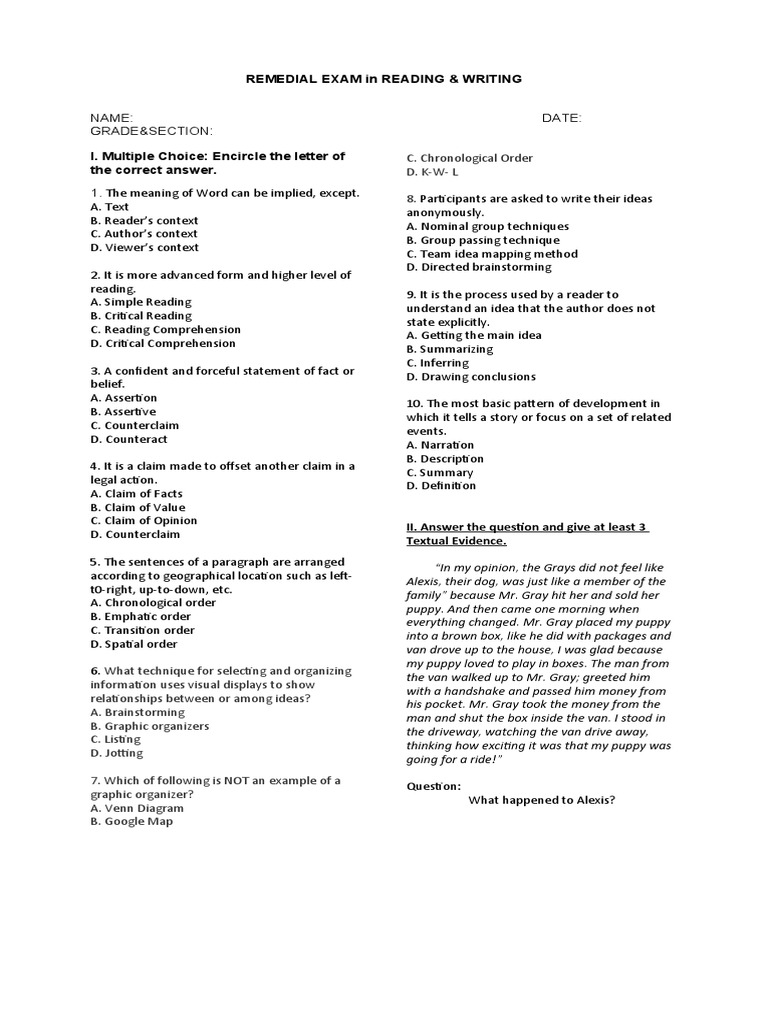 Remedial Exam in Reading & Writing | PDF | Reading Comprehension ...