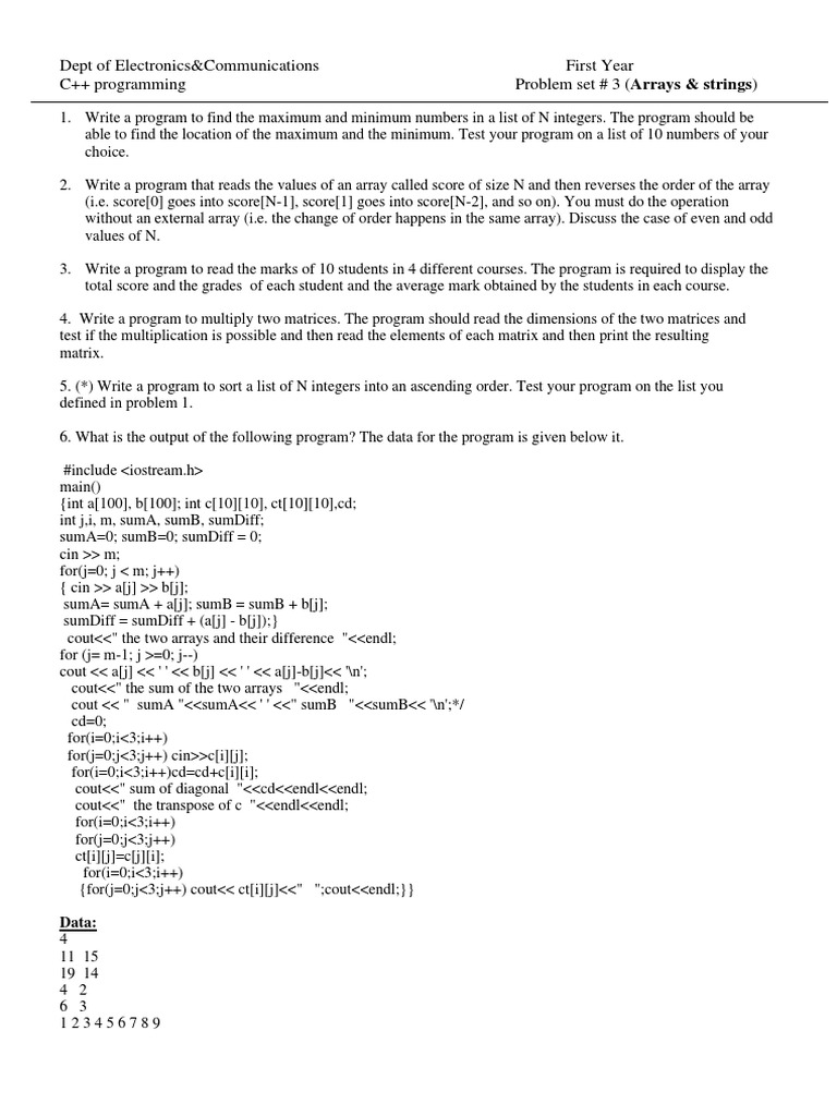 Dept of Electronics&Communications First Year C++ Programming Problem Set # 3 (Arrays & Strings ...