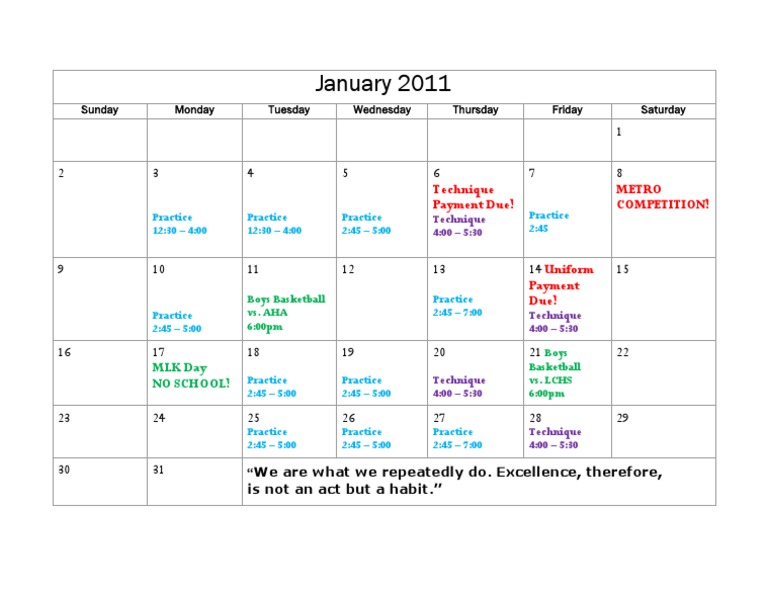 January 2011 Practice Schedule | PDF