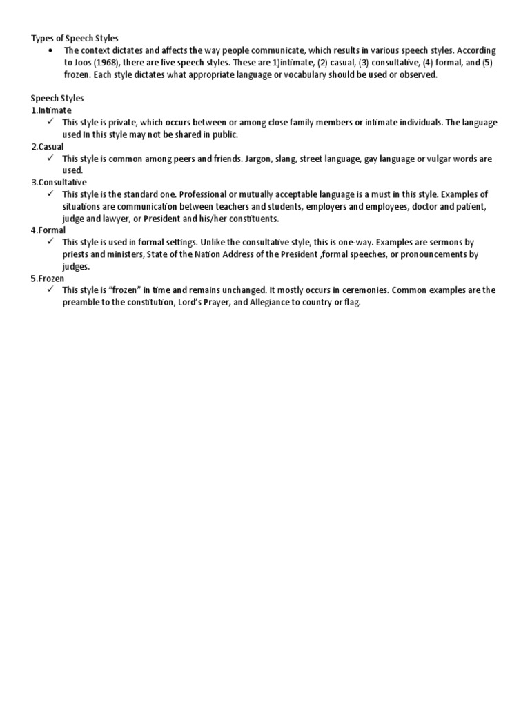 An Overview of the Five Styles of Speech According to Joos' Framework | PDF