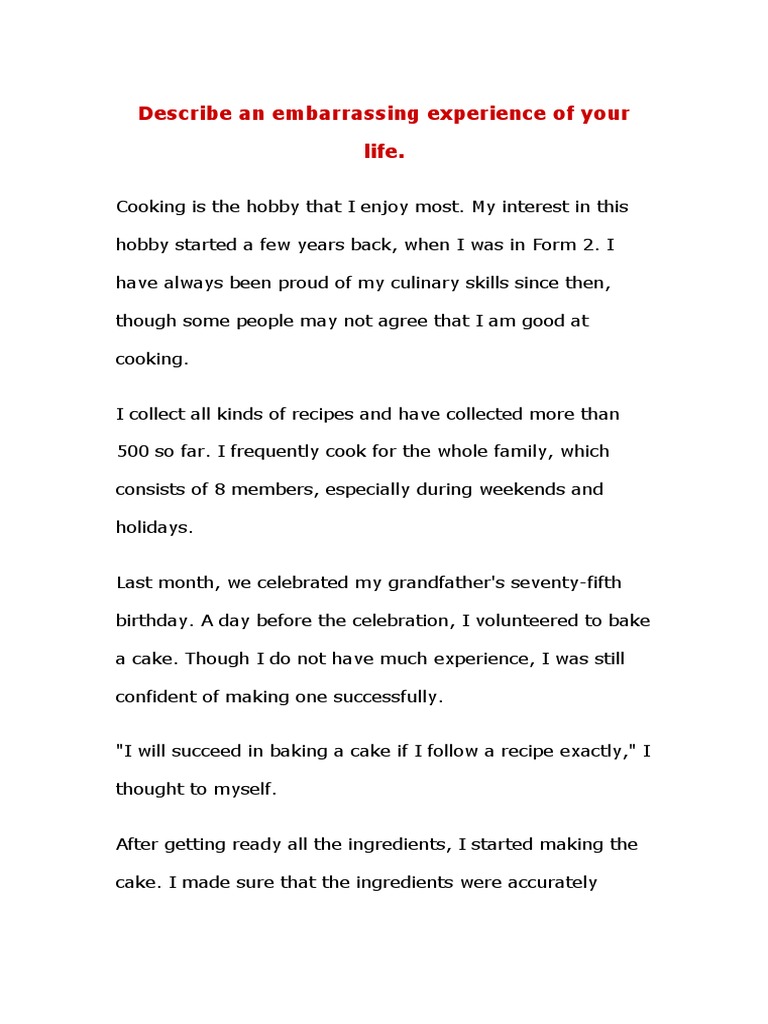 Describe An Embarrassing Experience of Your Life | PDF | Cakes | Food ...