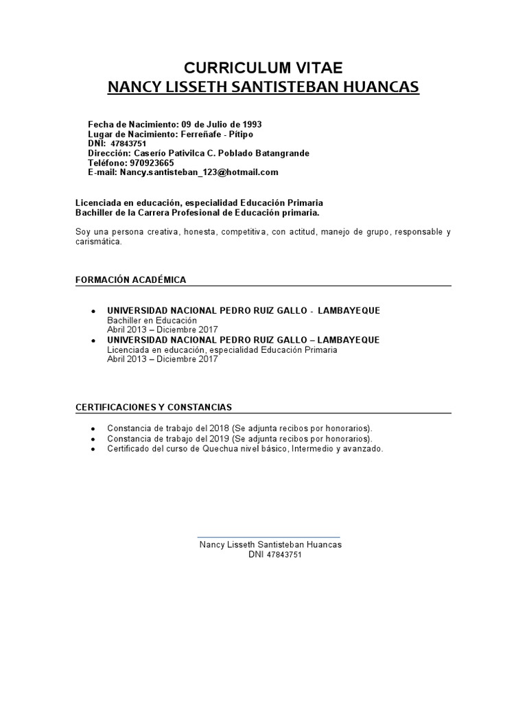 Curriculum vitae de Nancy Lisseth Santisteban Huancas, licenciada en educación primaria con ...