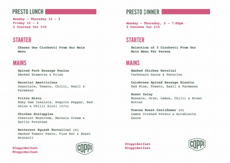 Coppi Belfast Presto Lunch & Dinner Menu | PDF | Cooking, Food & Wine