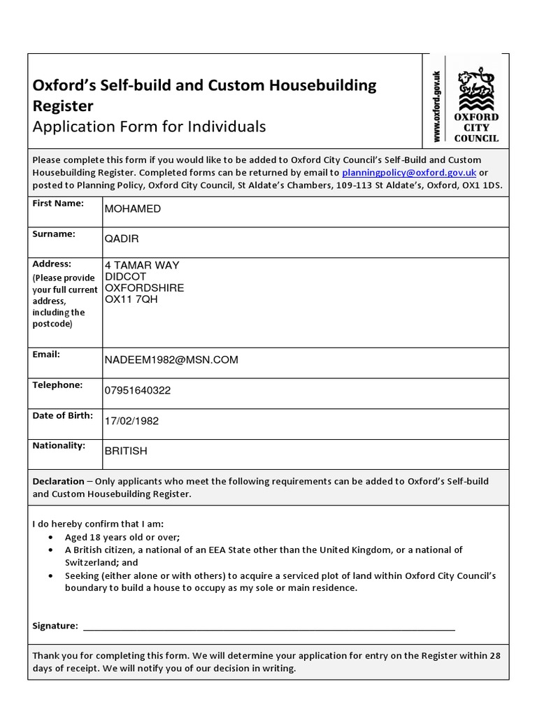 Application Form For Individuals: Oxford's Self-Build and Custom ...