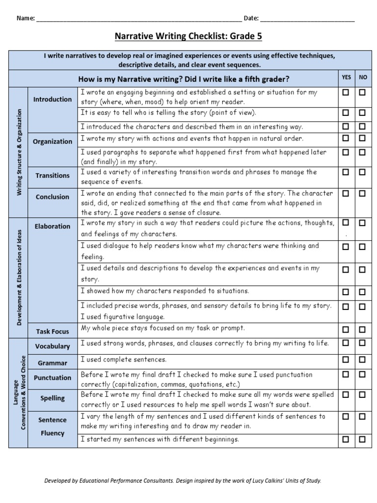 5th Grade Narrative Checklist For Students | PDF | Sentence ...