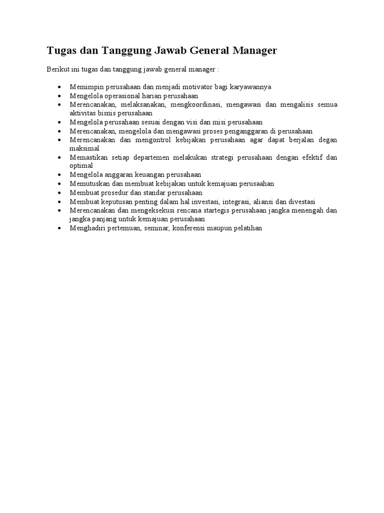 Tugas dan Tanggung Jawab General Manager | PDF | Bisnis