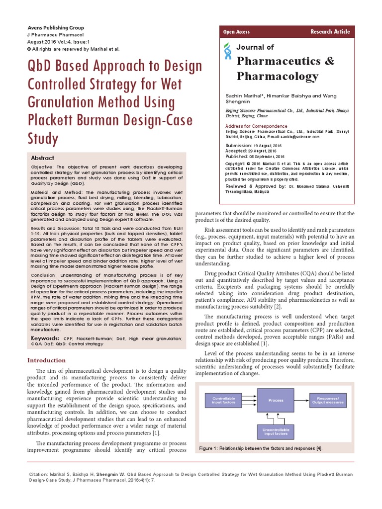 Qbd Based Approach To Design Controlled Strategy For Wet Granulation Method Using Plackett