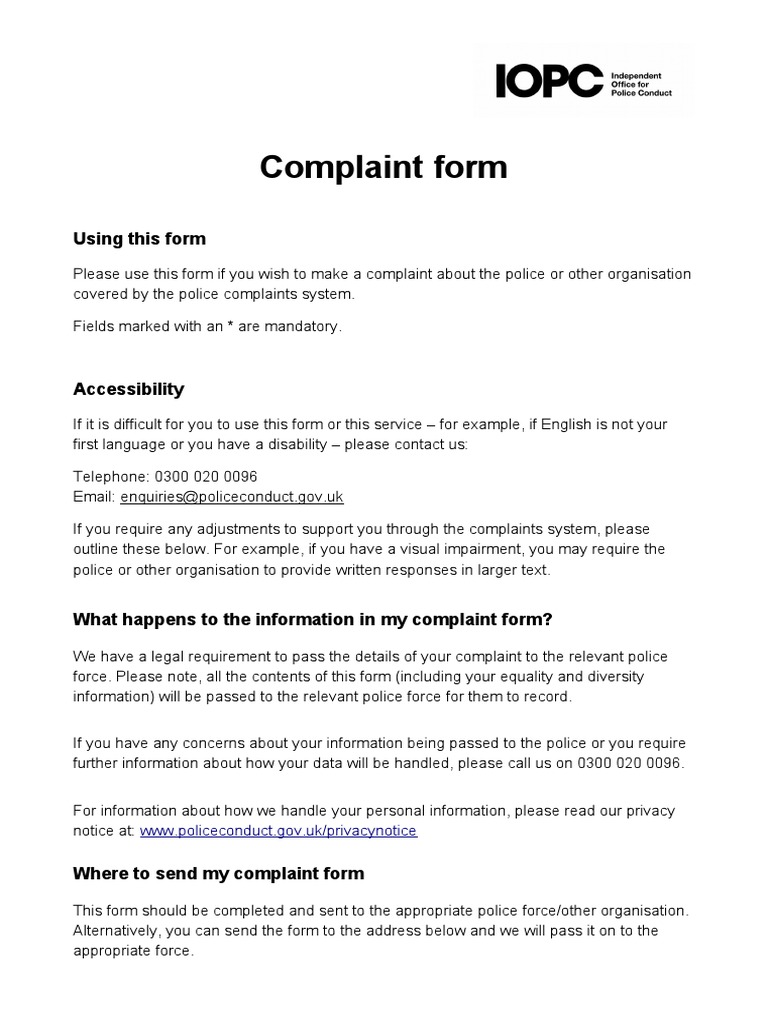 IOPC Making A Complaint Against The Police Form 2020 | PDF ...