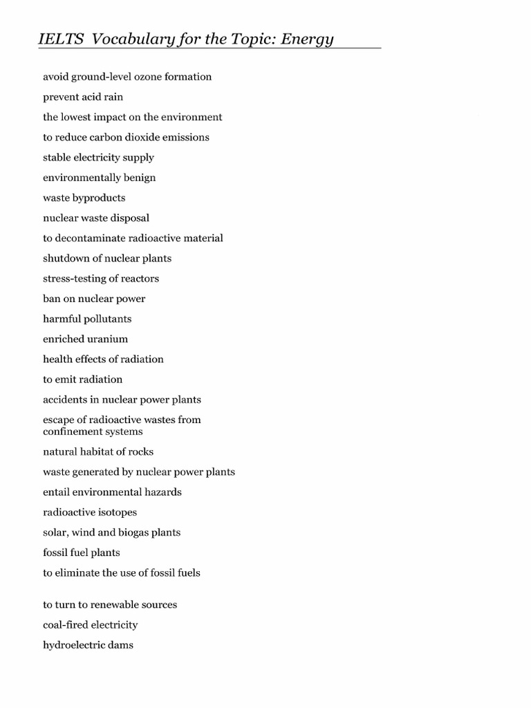 Energy (Vocabulary For Ielts Writing Task 2) | PDF