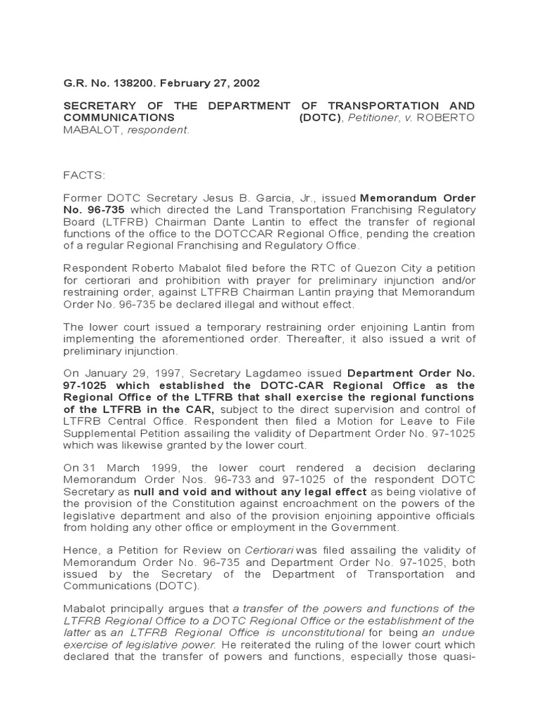 Validity of DOTC Orders on LTFRB Functions | PDF | Presidents Of The ...
