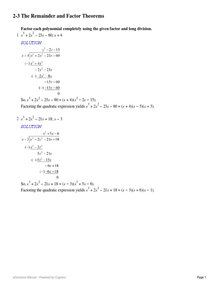 2-3 The Remainder and Factor Theorems PDF | PDF | Division (Mathematics ...