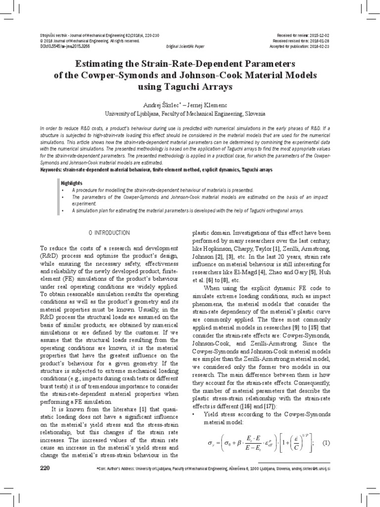 Estimating The Strain-Rate-Dependent Parameters of The Cowper-Symonds ...