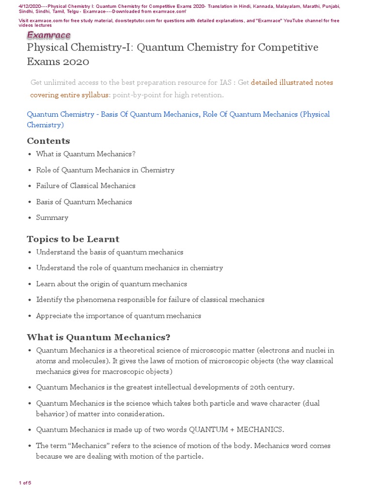 Physical Chemistry-I: Quantum Chemistry For Competitive Exams 2020 ...