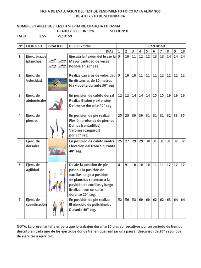 Ficha de Evaluacion Del Test de Rendimiento Fisico para Alumnos | PDF