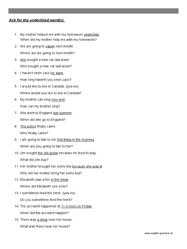 Ask For The Underlined Word(s) .: Questions - Negations QN1 | PDF