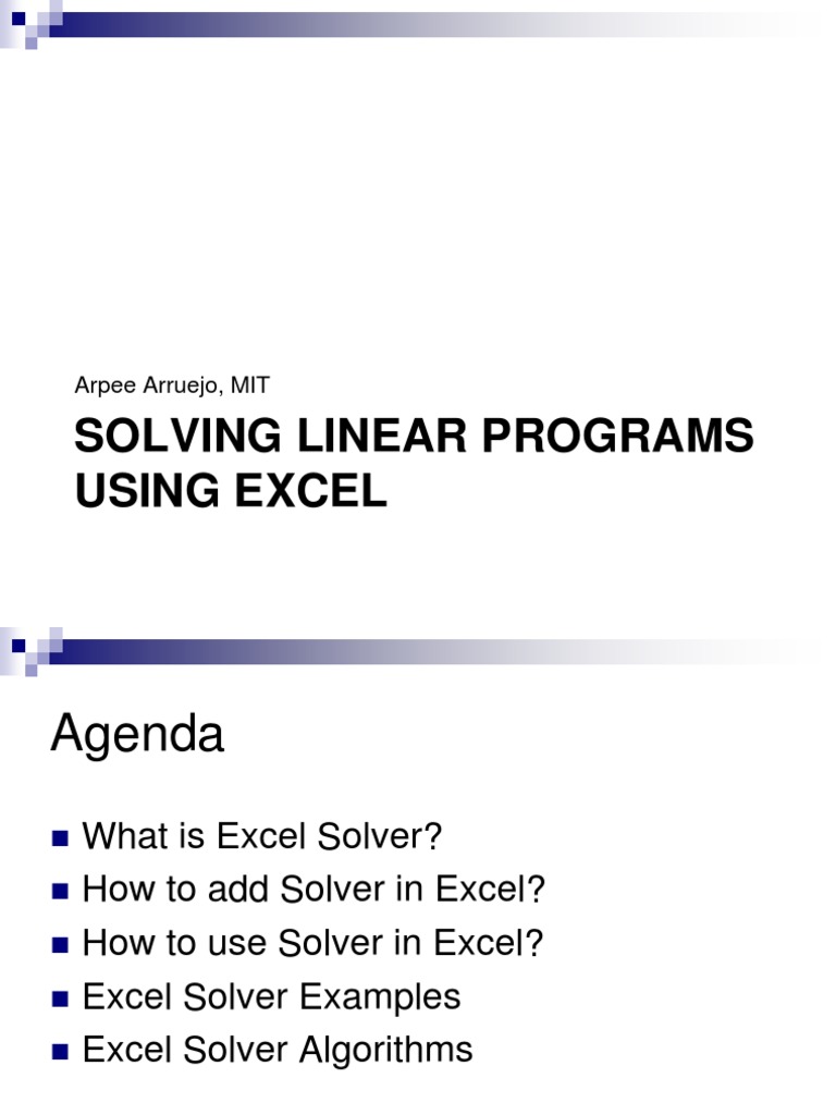 Solving Linear Programs Using Excel: Arpee Arruejo, MIT | PDF | Linear Programming ...
