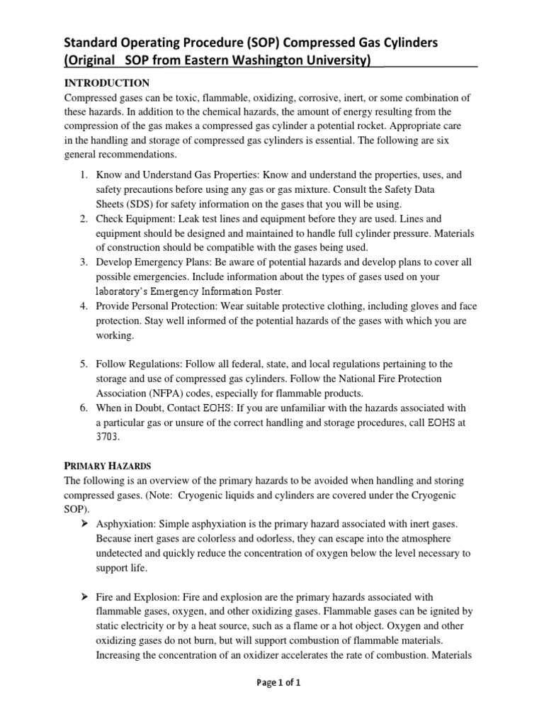 Standard Operating Procedure (SOP) Compressed Gas Cylinders (Original ...