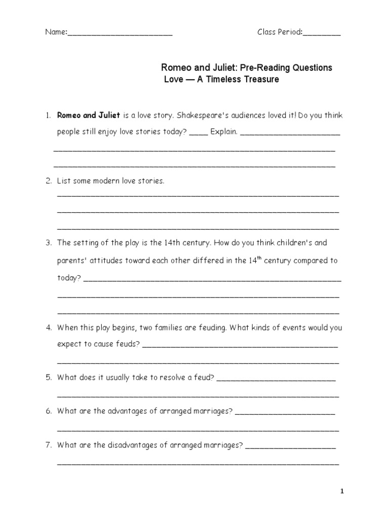 Romeo and Juliet Pre Reading Questions | PDF | Romeo And Juliet | Love