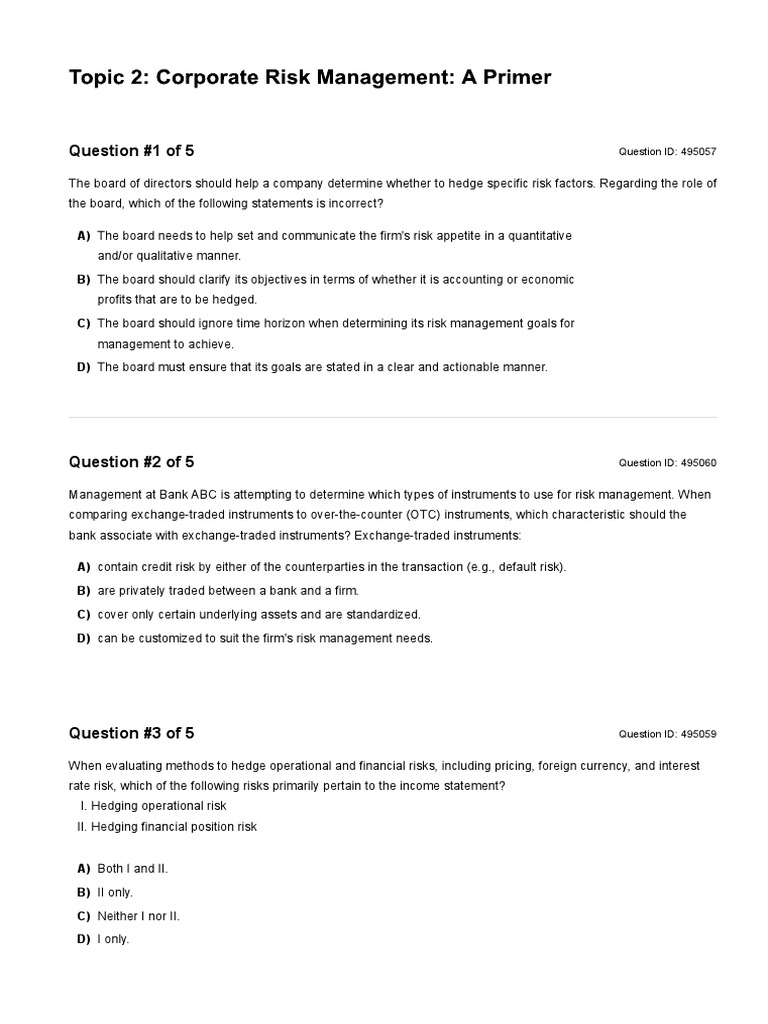 Risk Management Quiz for Directors | PDF | Hedge (Finance) | Over The ...