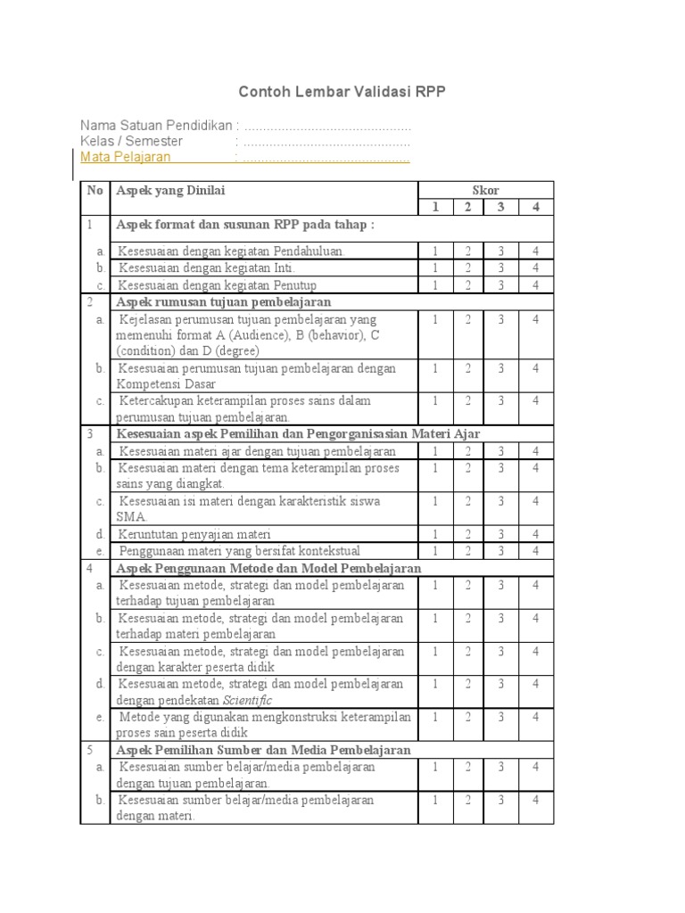 Contoh Lembar Validasi RPP | PDF | Karier & Perkembangan | Seni