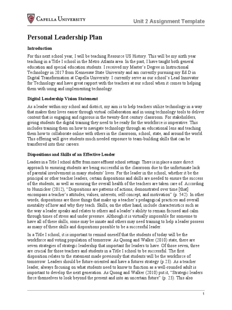 Personal Leadership Plan: Unit 2 Assignment Template | PDF | Teachers ...