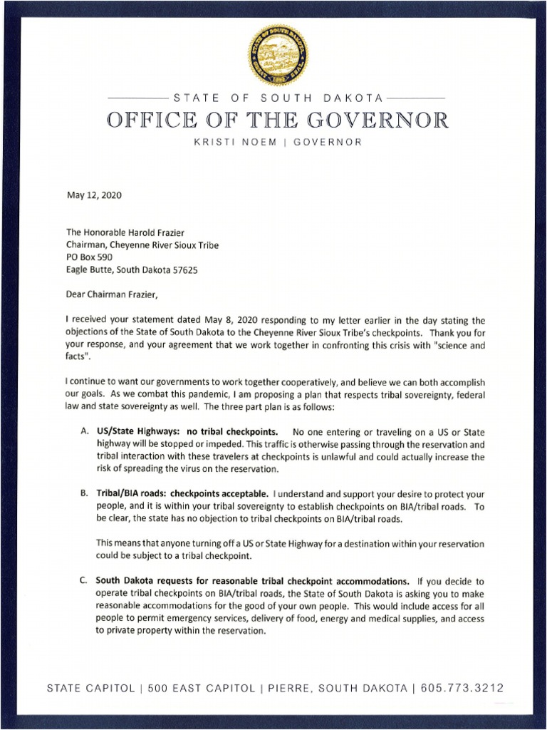Gov Noem Letter To Chairman Frazier 5-12-20 | PDF