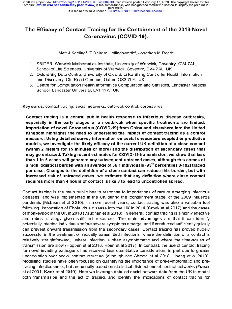 The Efficacy Of Contact Tracing For The Containment Of The 2019 Novel