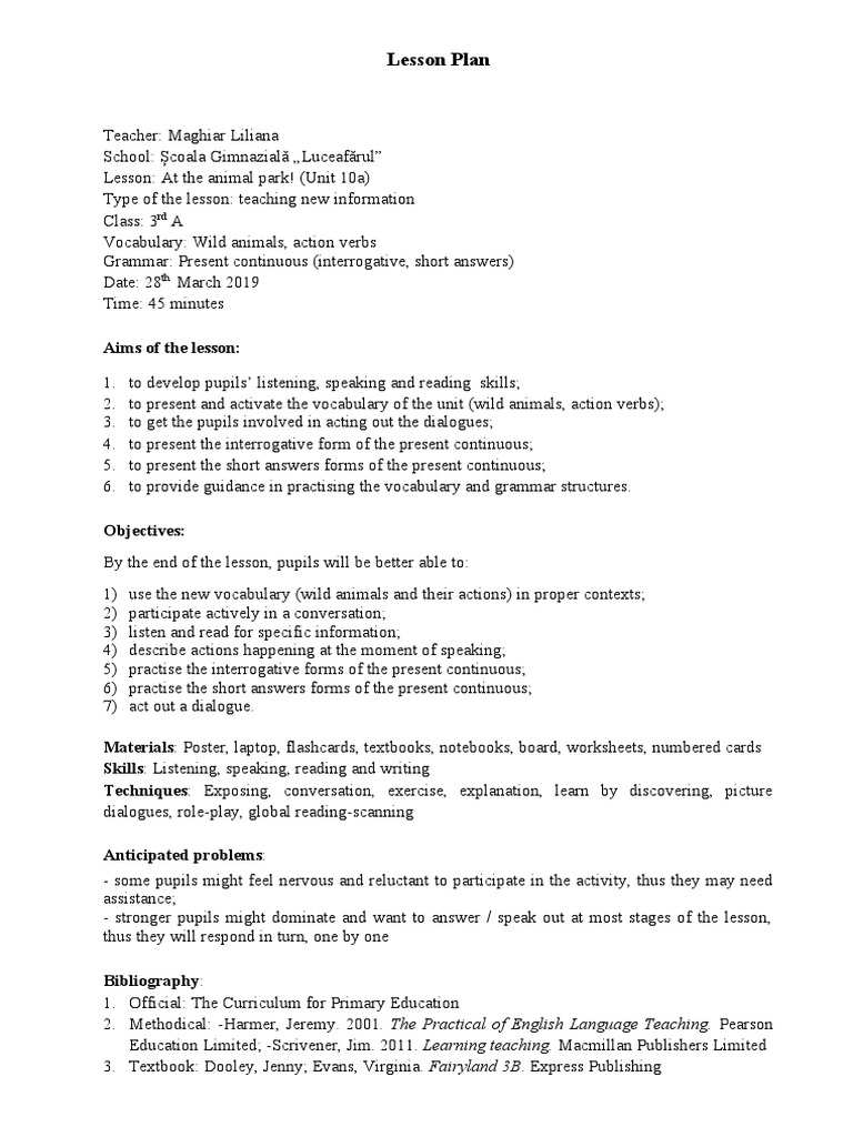 Wild Animals Lesson Plan for 3rd Grade | PDF | Lesson Plan | Question