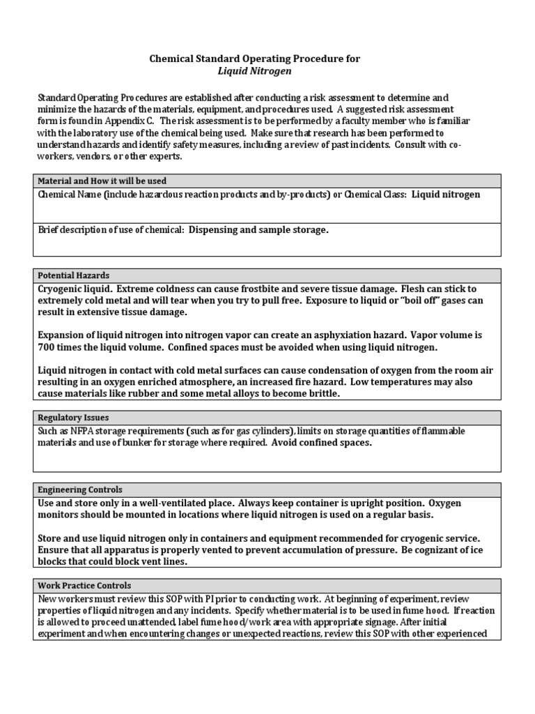 Liquid Nitrogen Sop | PDF | Cryogenics | Nitrogen