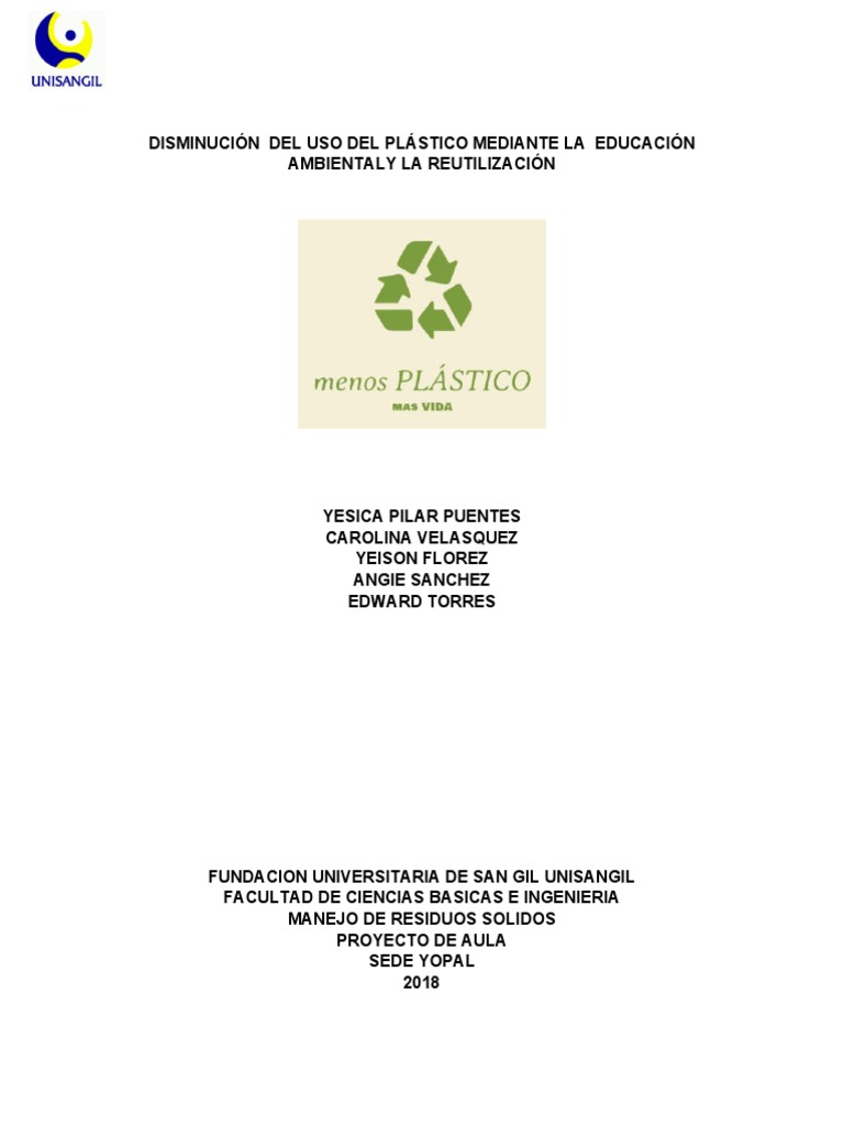 Proyecto Disminucion Del Uso Del Plastico Mediante La Educacion ...