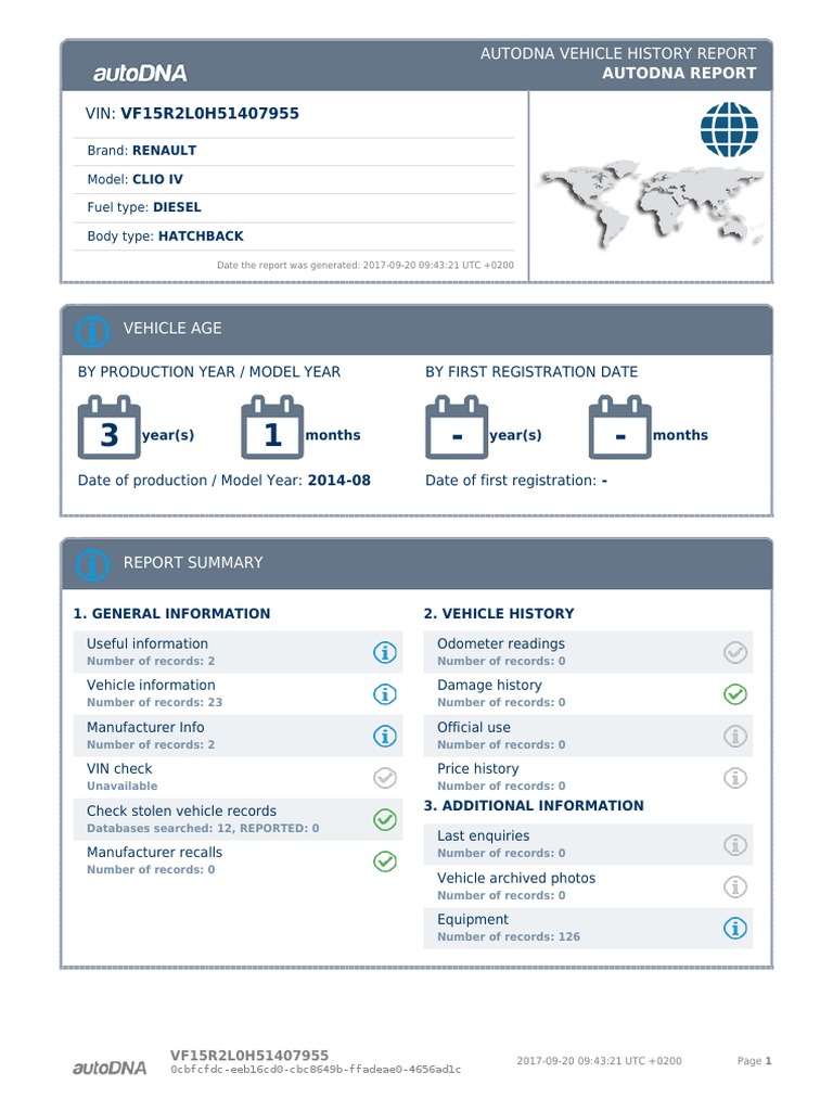 VIN: VF15R2L0H51407955: Autodna Vehicle History Report | PDF | Fuel ...
