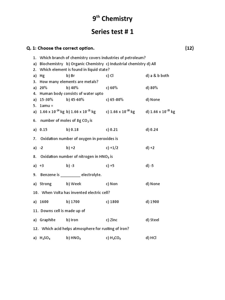 9 Chemistry Series Test # 1: Q. 1: Choose The Correct Option. | PDF ...