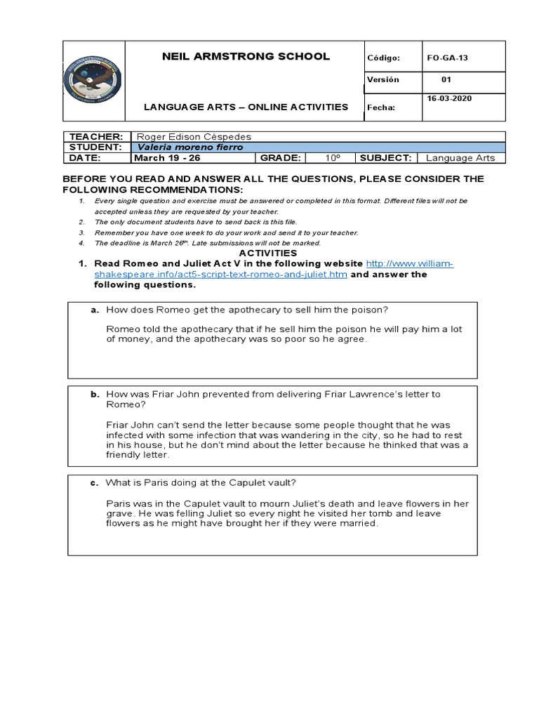 Language Arts Online Activities: A Summary of Romeo and Juliet Act V ...