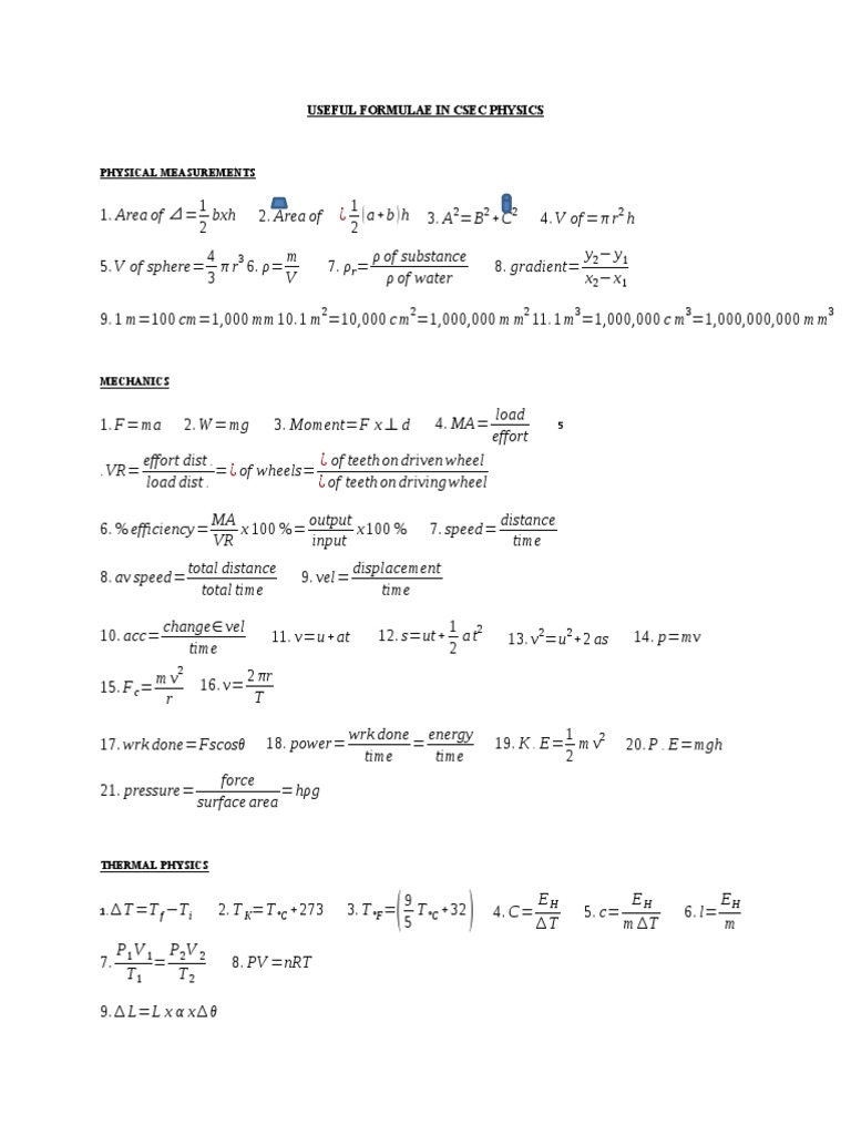 Useful Formulae For Csec Physic1 | PDF | Chemistry | Physical Quantities