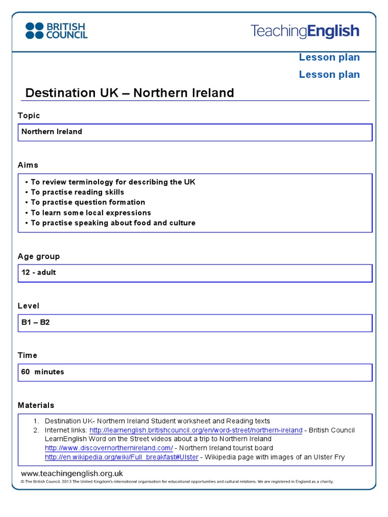 Destination UK - Northern Ireland Lesson Plan | PDF | Northern Ireland ...