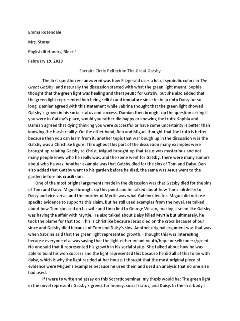 Gatsby Socratic Reflection | PDF | The Great Gatsby