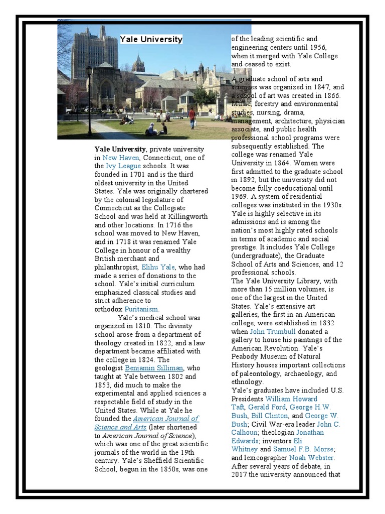 Yale University, Private University | PDF | Yale University | College