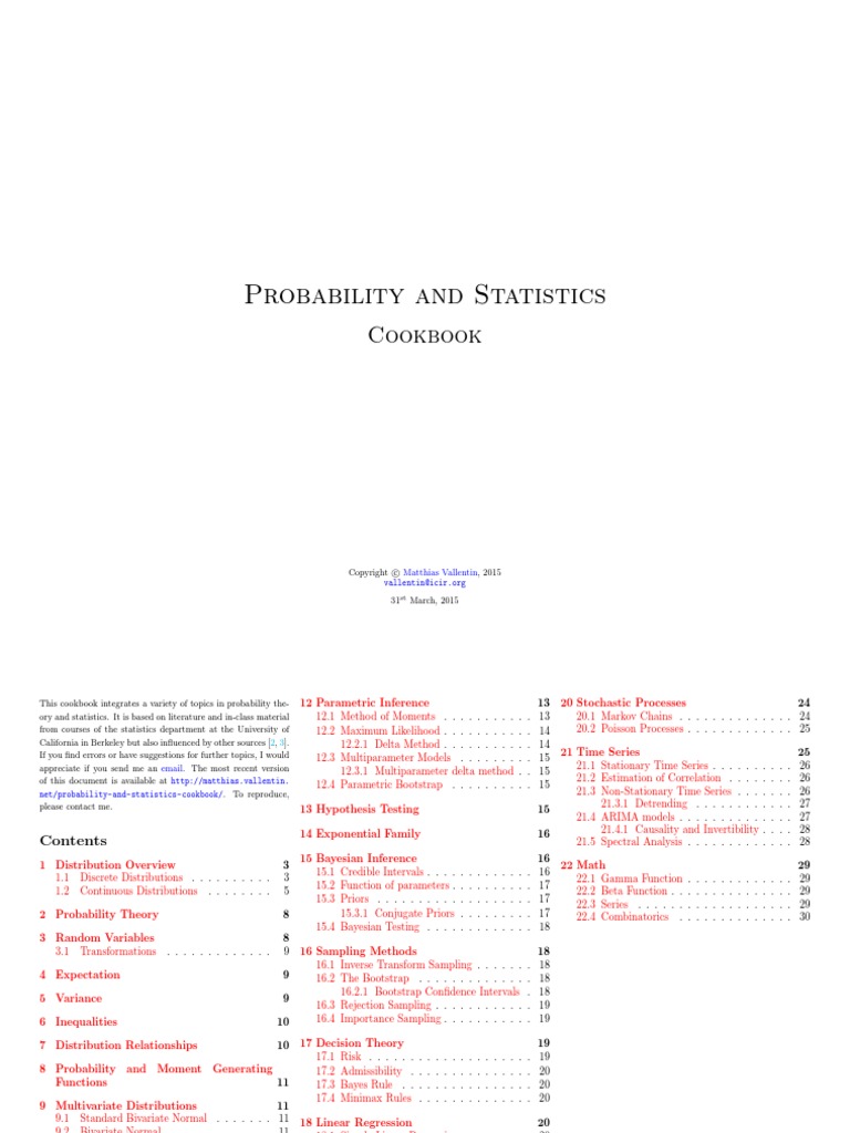 Probability and Statistics: Cookbook | PDF | Bootstrapping (Statistics) | Estimation Theory