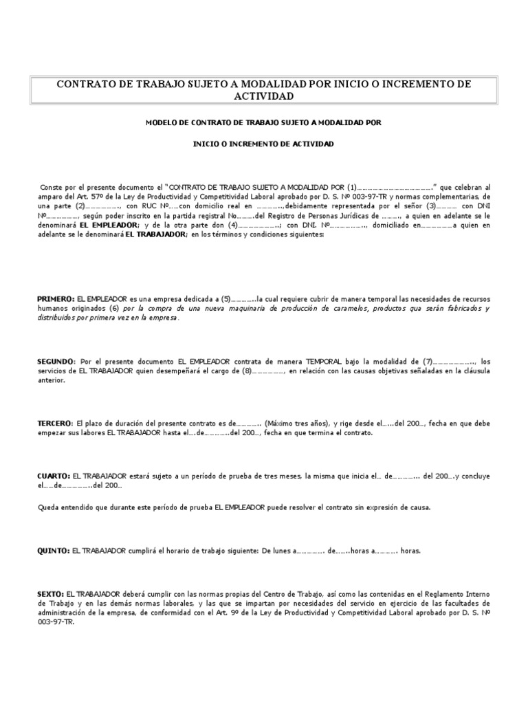 Contrato de Trabajo Sujeto A Modalidad Por Inicio o Incremento de Actividad | PDF | Derecho ...
