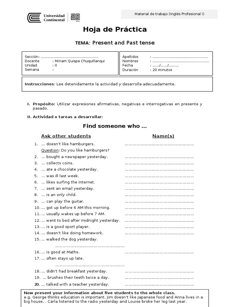 Hoja de Práctica Present and Past | PDF | Games & Activities