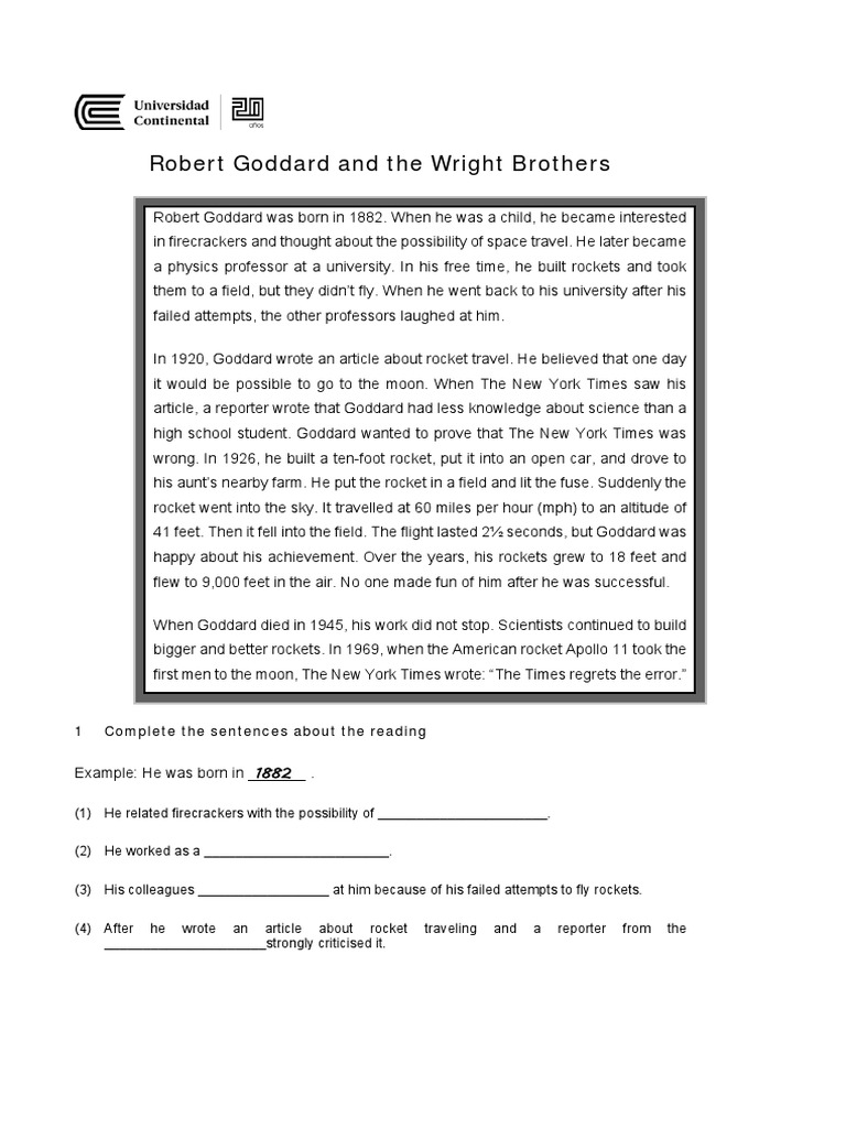 Robert Goddard and The Wright Brothers: 1 Complete The Sentences About ...