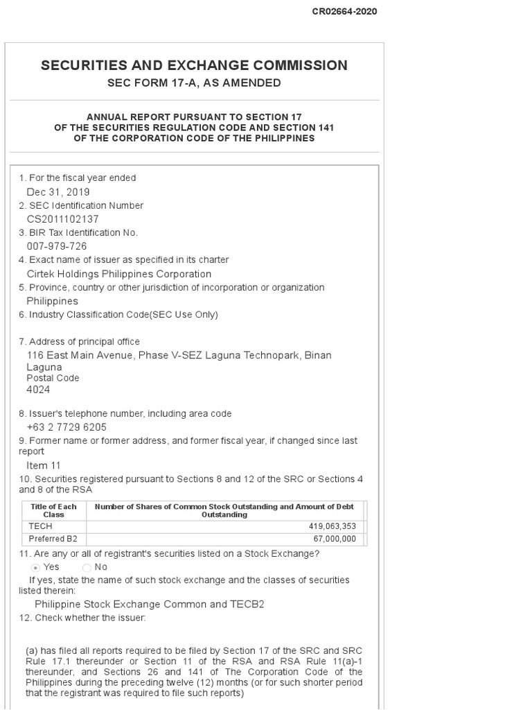 Securities and Exchange Commission: Sec Form 17-A, As Amended | PDF ...